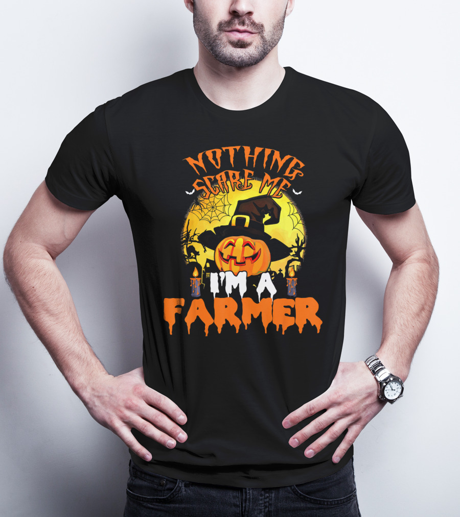 Orange Halloween Jack-O'-Lantern Hat Spider Web Nothing Scares Me I'm A Farmer T-Shirt
