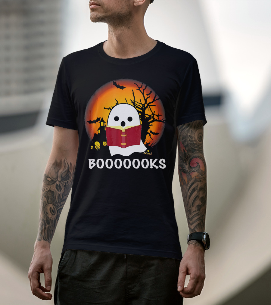 Boo Read Books Halloween Boooooooks Ghost With Red Book And Spooky Bats T-Shirt