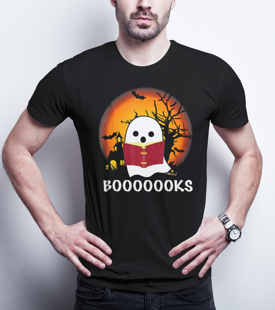 Boo Read Books Halloween Boooooooks Ghost With Red Book And Spooky Bats T-Shirt