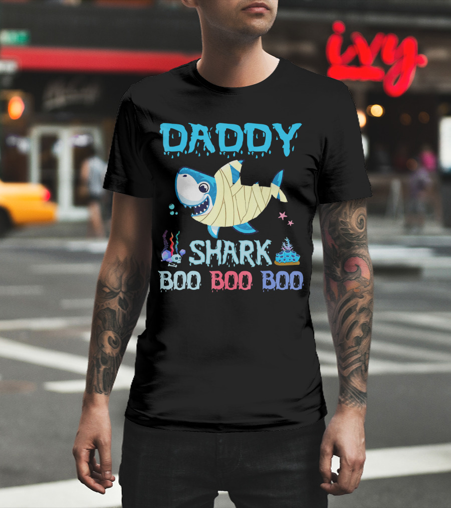 Daddy Shark Boo Boo Boo Halloween Costume Mummy Shark Underwater Party T-Shirt