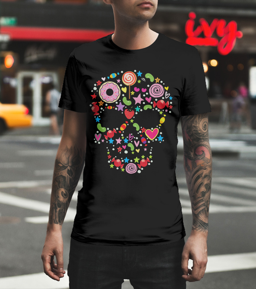 Candy Skull Día De Los Muertos Colorful Sweets And Stars T-Shirt