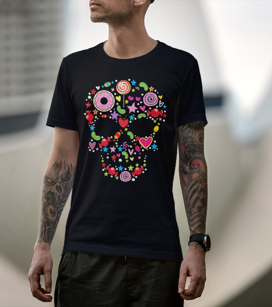 Candy Skull Día De Los Muertos Colorful Sweets And Stars T-Shirt
