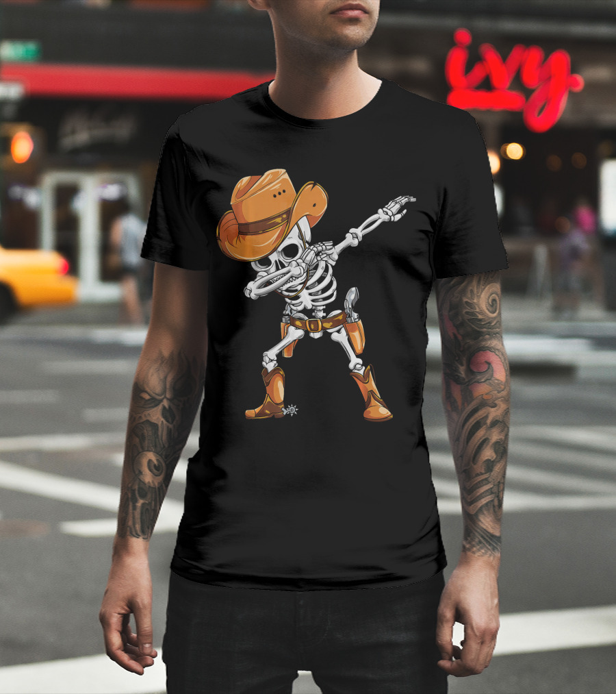 Dabbing Skeleton Cowboy In Orange Hat And Boots T-Shirt