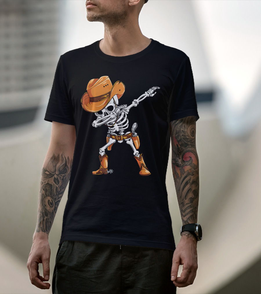 Dabbing Skeleton Cowboy In Orange Hat And Boots T-Shirt