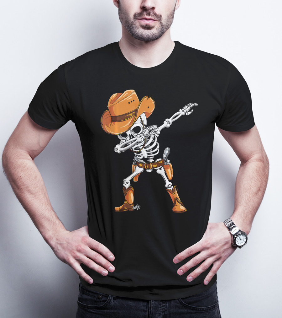 Dabbing Skeleton Cowboy In Orange Hat And Boots T-Shirt