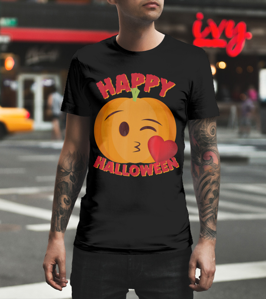 Happy Halloween Blowing Kiss Emoji Pumpkin T-Shirt