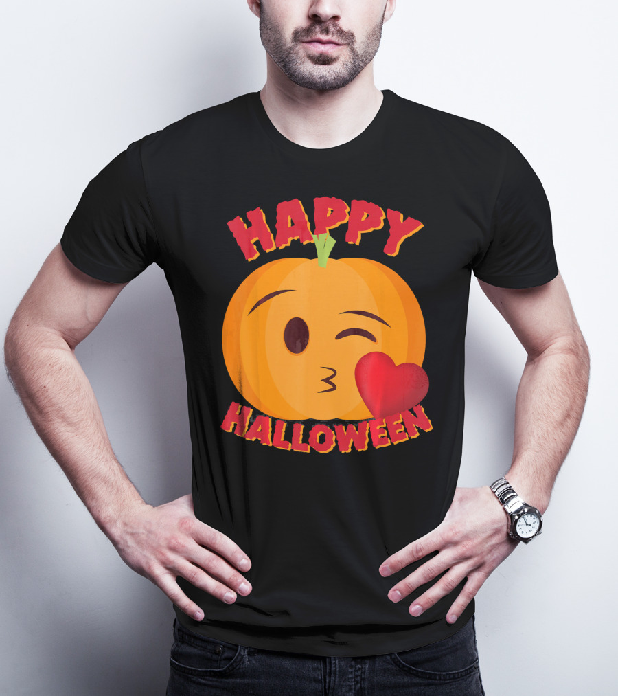 Happy Halloween Blowing Kiss Emoji Pumpkin T-Shirt