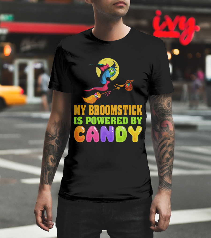 My Broomstick Is Powered By Candy With Witch And Moon Scene T-Shirt