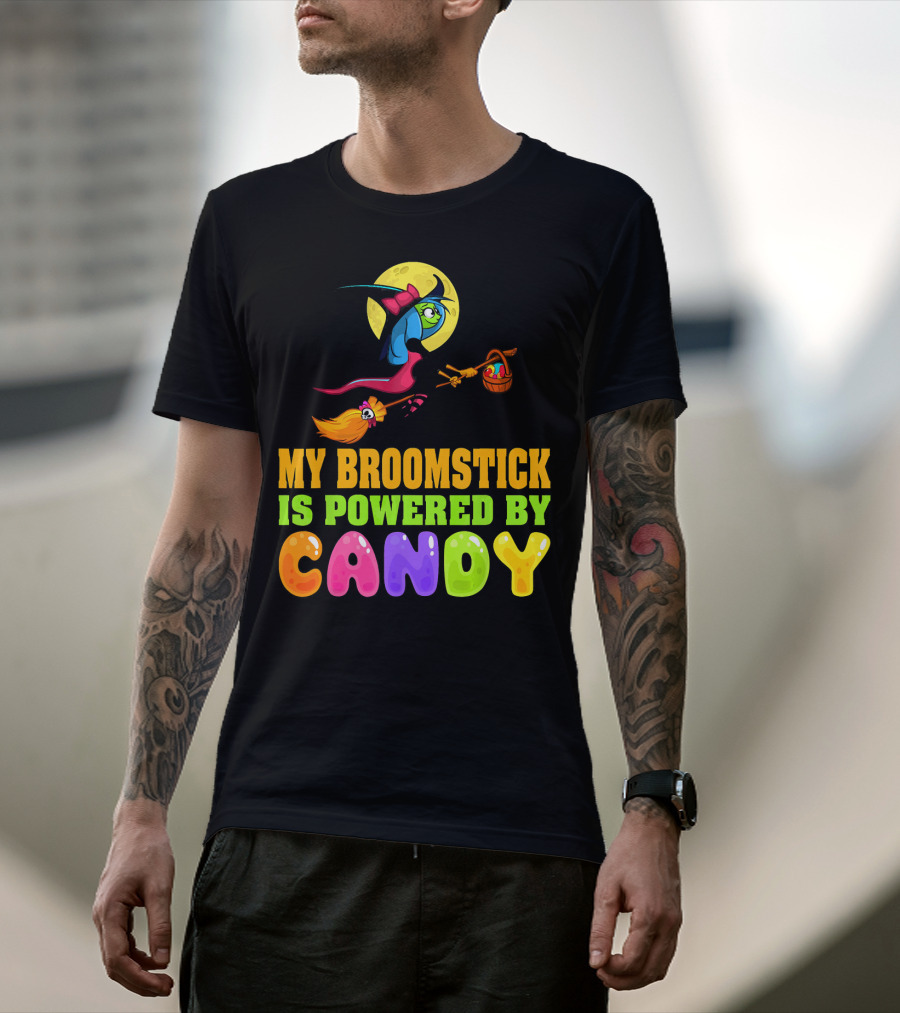 My Broomstick Is Powered By Candy With Witch And Moon Scene T-Shirt