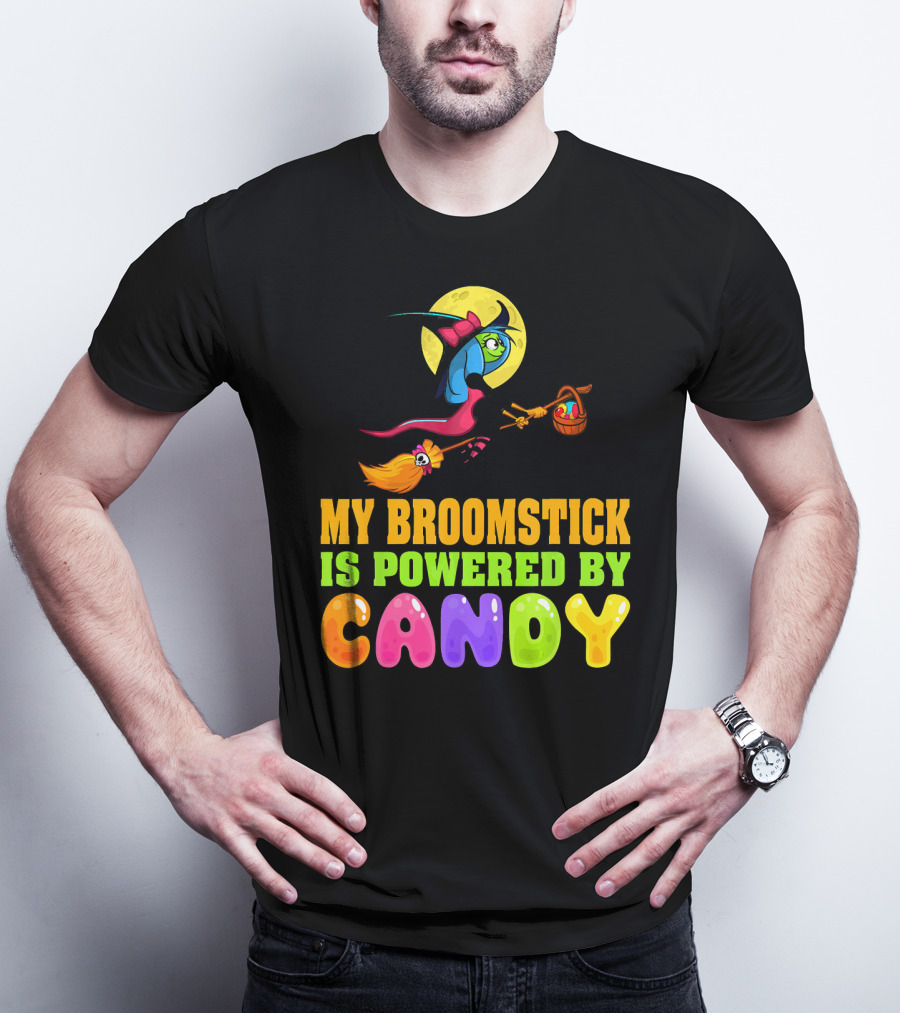 My Broomstick Is Powered By Candy With Witch And Moon Scene T-Shirt