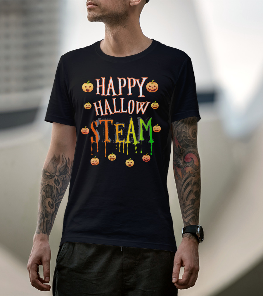 HAPPY HALLOW STEAM Pumpkin Faces Orange Green Dripping Letters T-Shirt