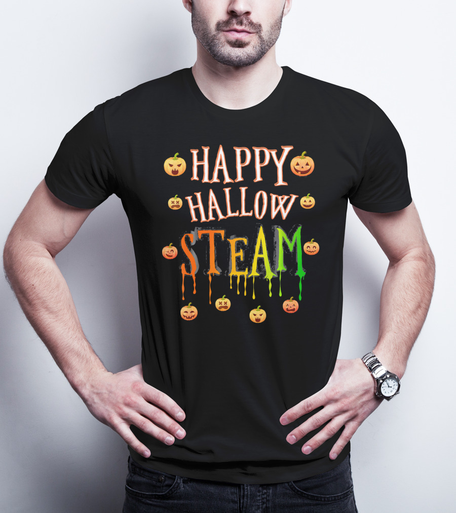 HAPPY HALLOW STEAM Pumpkin Faces Orange Green Dripping Letters T-Shirt