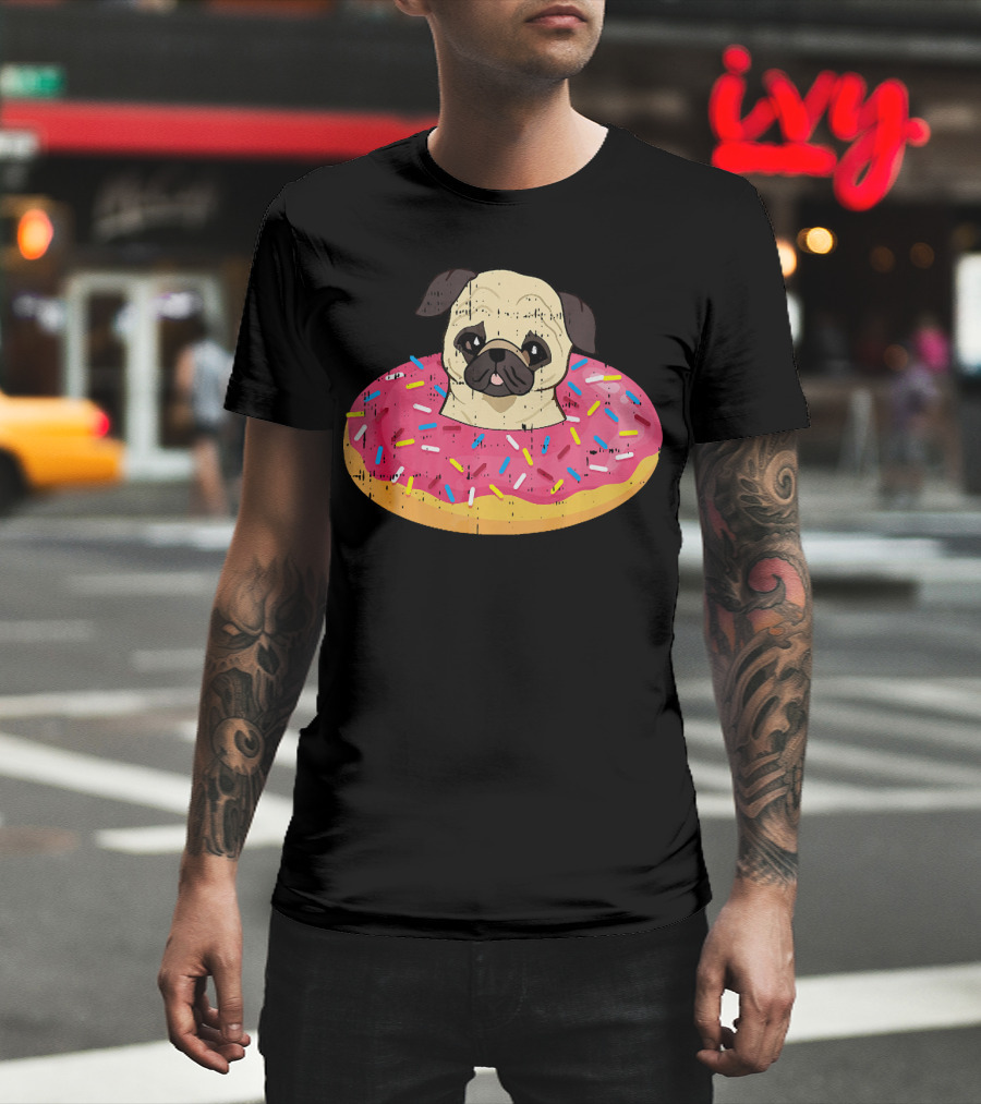 Pug Dog In Colorful Sprinkle Doughnut Floatie Pet Donut Cute T-Shirt