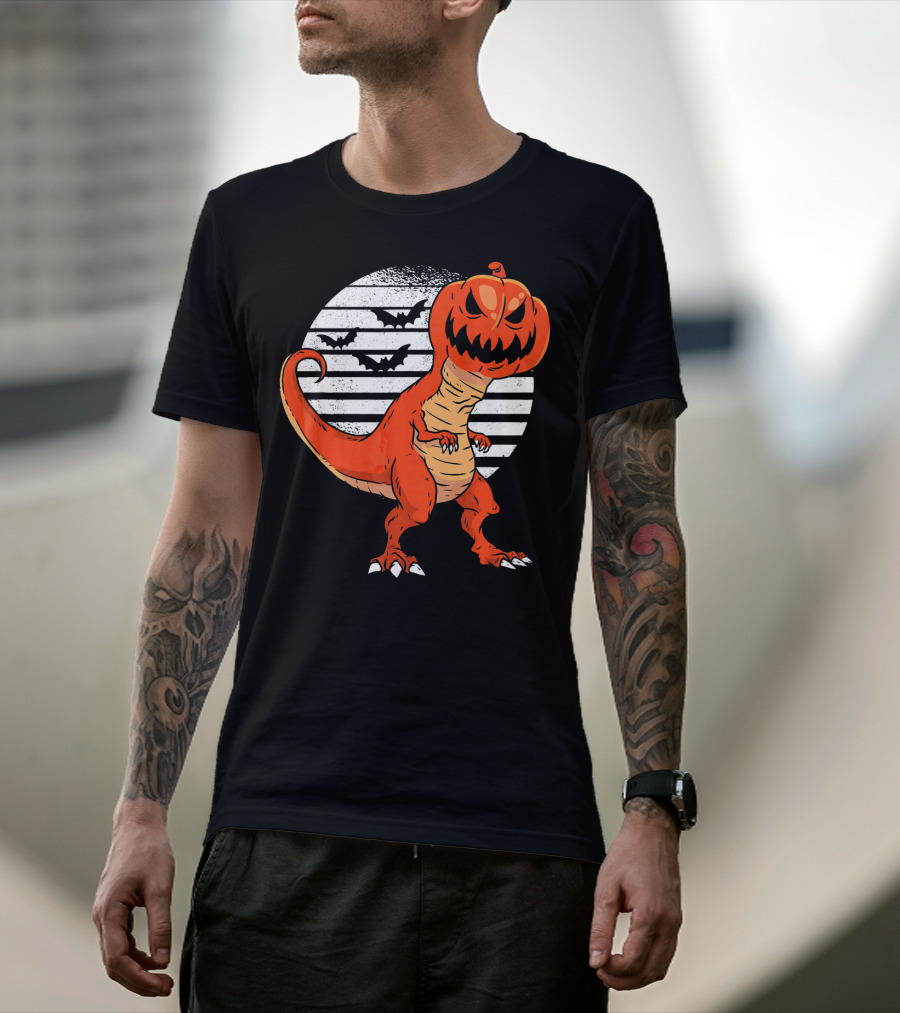 Funny Dinosaur Pumpkin Head Halloween With Bats T-Shirt