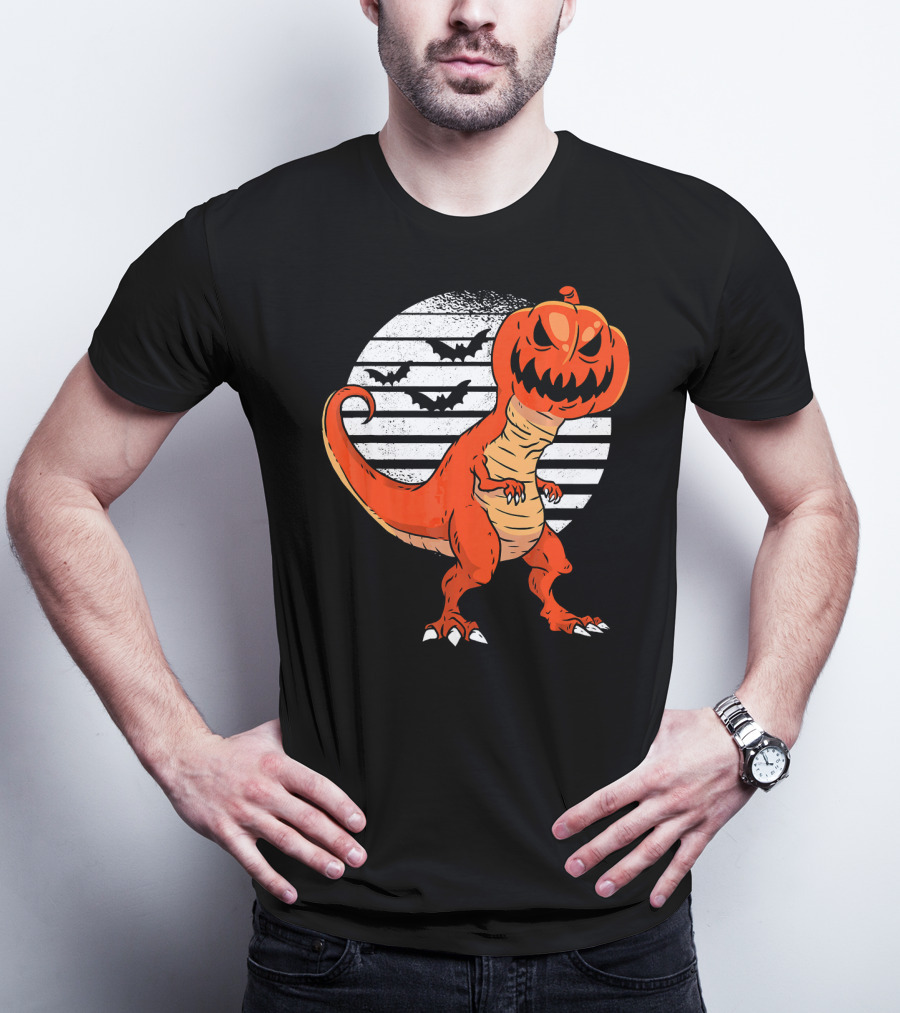 Funny Dinosaur Pumpkin Head Halloween With Bats T-Shirt
