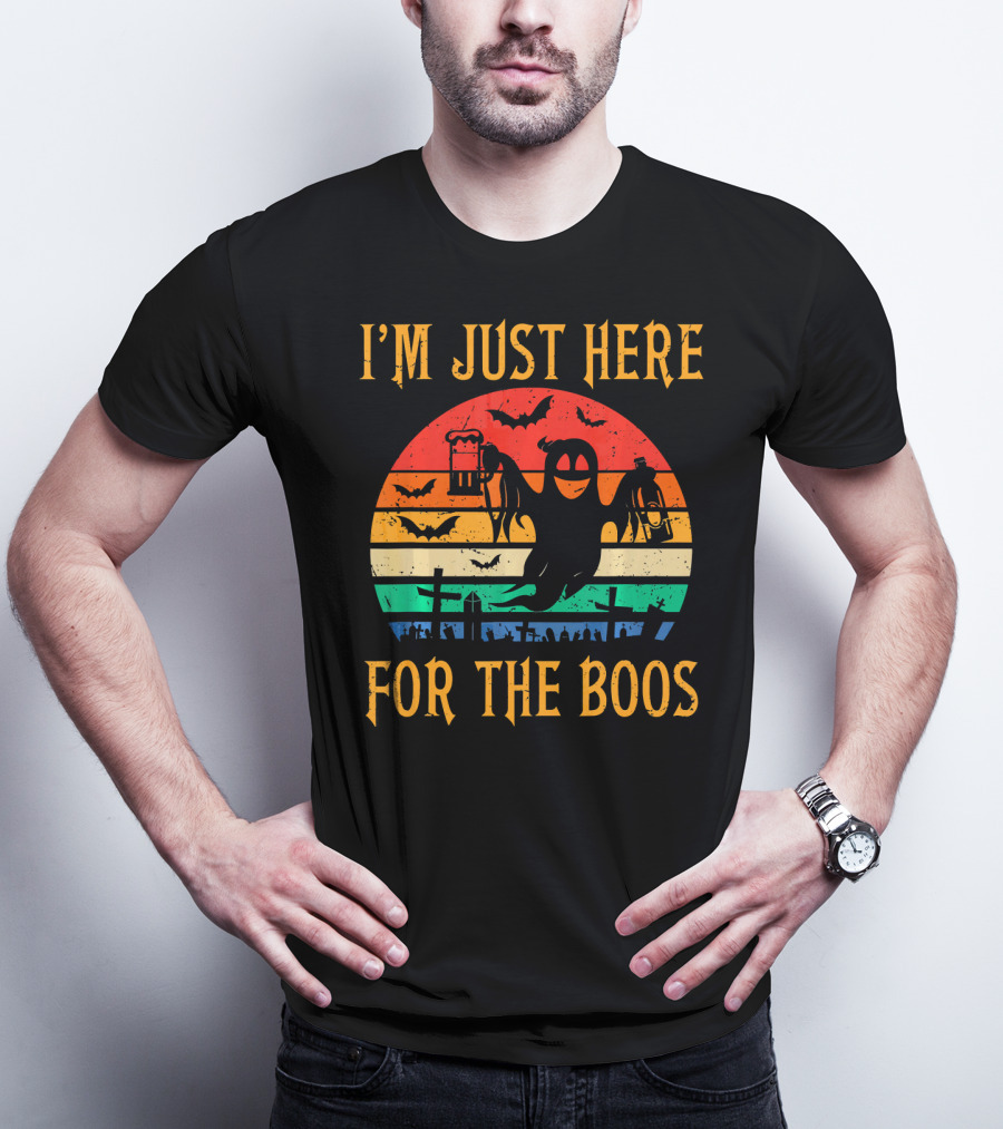 I'm Just Here For The Boos Halloween Ghost And Bats Retro Sunset T-Shirt