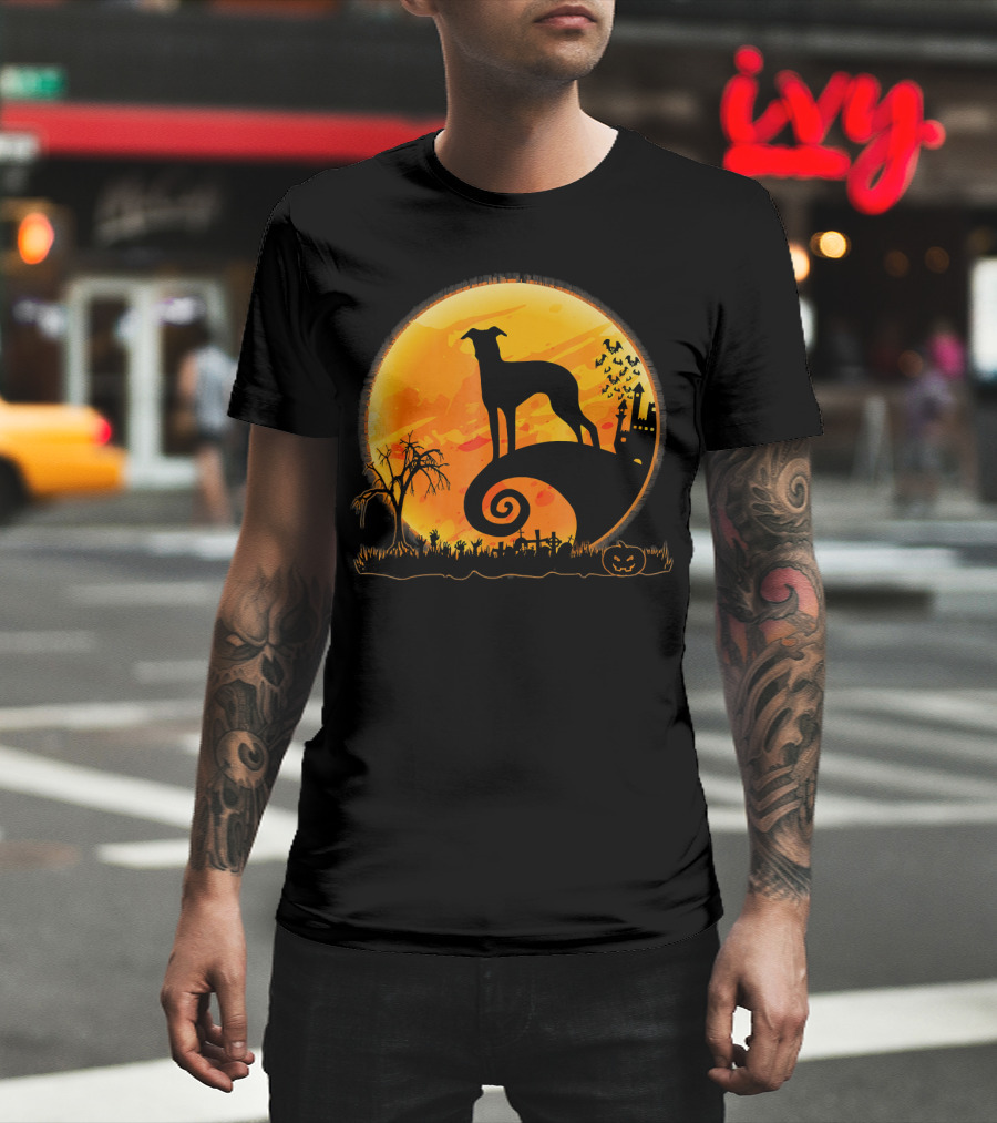 Italian Greyhound Dog Silhouette On Halloween Moon Night T-Shirt