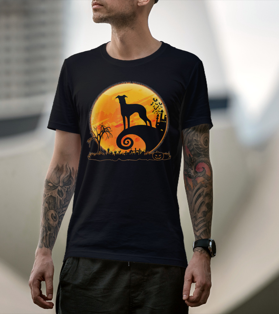 Italian Greyhound Dog Silhouette On Halloween Moon Night T-Shirt