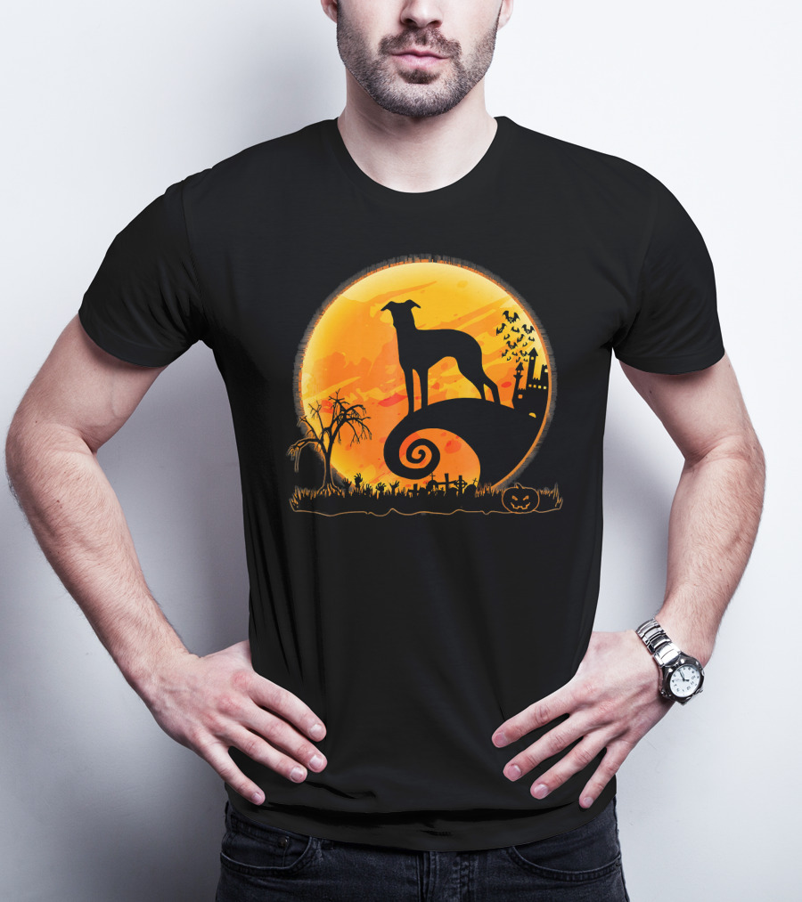 Italian Greyhound Dog Silhouette On Halloween Moon Night T-Shirt