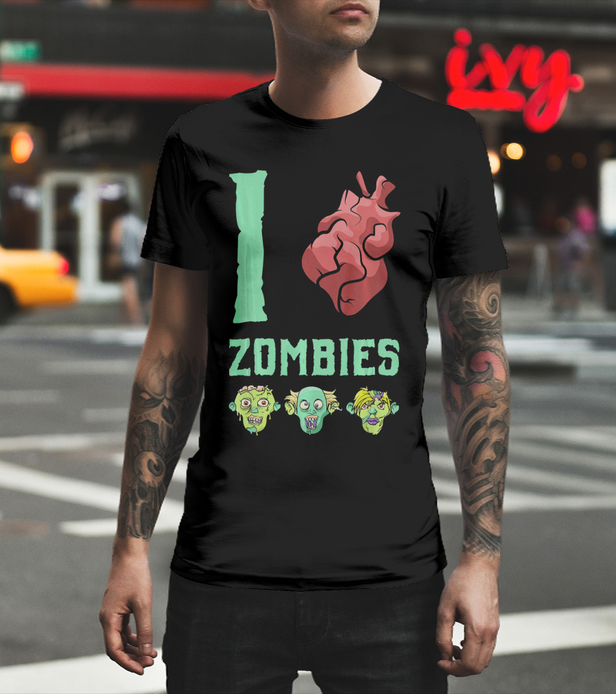 I Love Zombies Heart With Zombie Faces T-Shirt