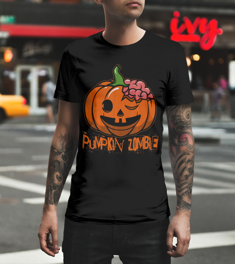 Pumpkin Zombie Halloween Horror Winking Jack O'Lantern With Brain T-Shirt