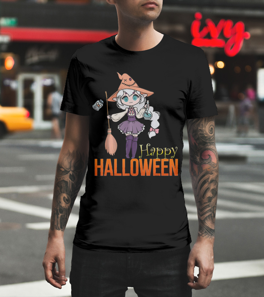 Happy Halloween Witch Anime Girl Cute Magic Potions And Broom T-Shirt
