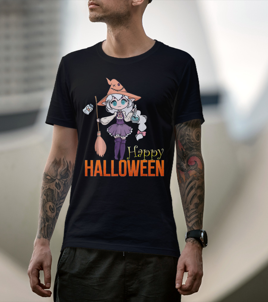 Happy Halloween Witch Anime Girl Cute Magic Potions And Broom T-Shirt