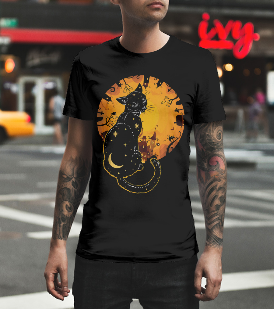 Halloween Black Cat With Stars And Moon In Haunted Landscape T-Shirt