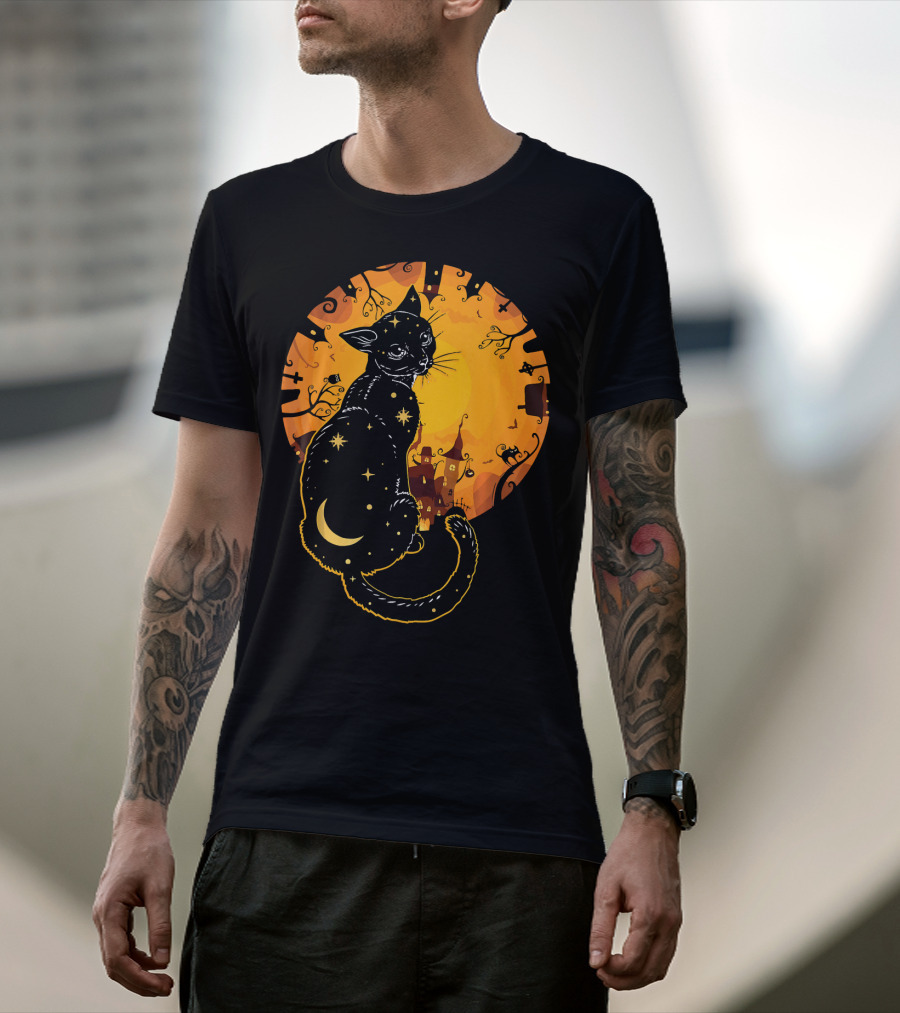 Halloween Black Cat With Stars And Moon In Haunted Landscape T-Shirt