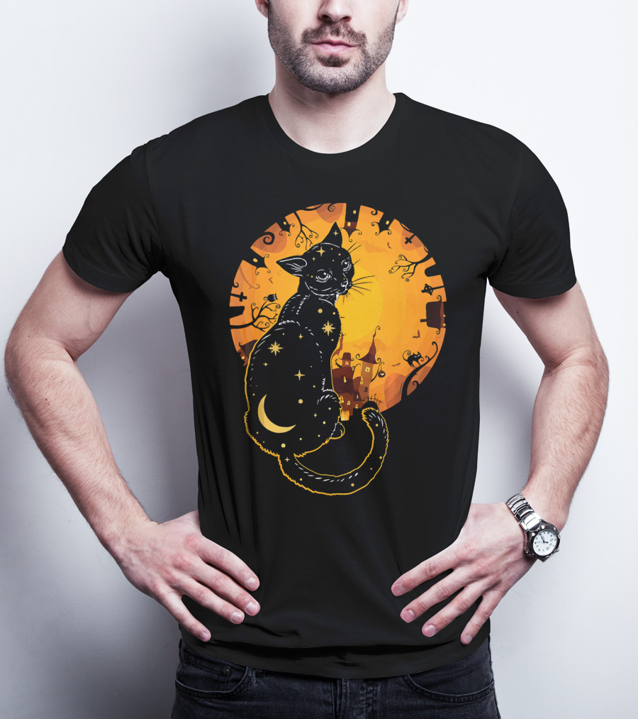 Halloween Black Cat With Stars And Moon In Haunted Landscape T-Shirt