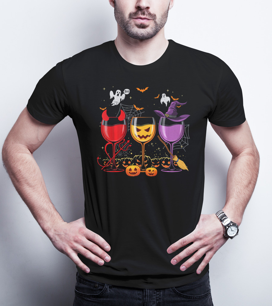 Three Glasses Of Wine Halloween Ghosts Pumpkins Bats Witches Devil T-Shirt