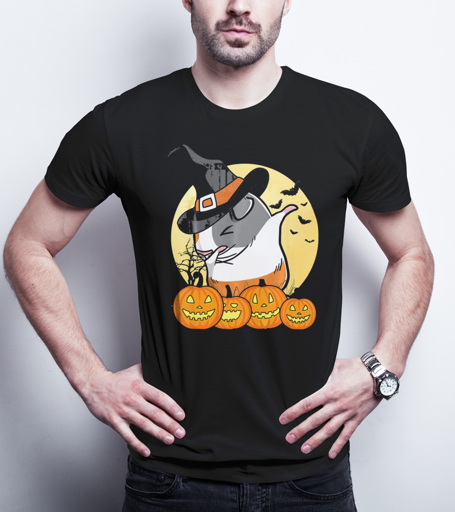 Witch Hat Dabbing Guinea Pig Halloween Pumpkins And Bats Moon Dance T-Shirt
