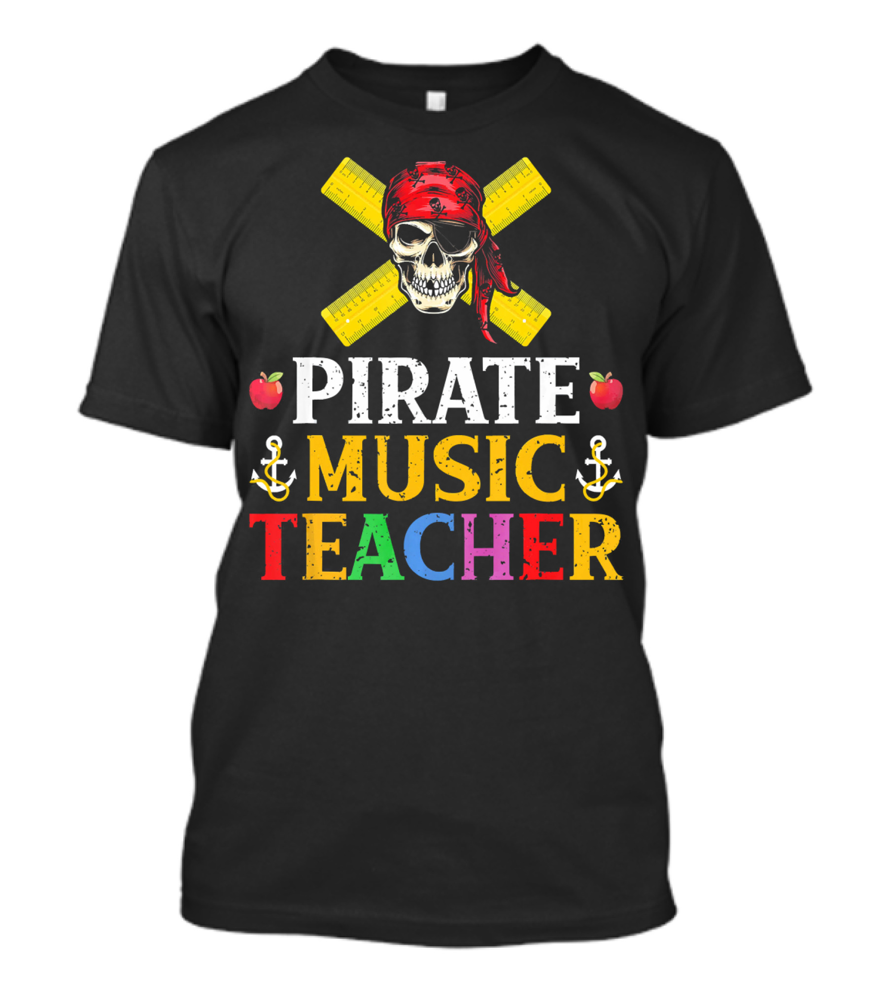 Funny Pirate Music Teacher Halloween Skull Anchors Apples Rulers T-Shirt