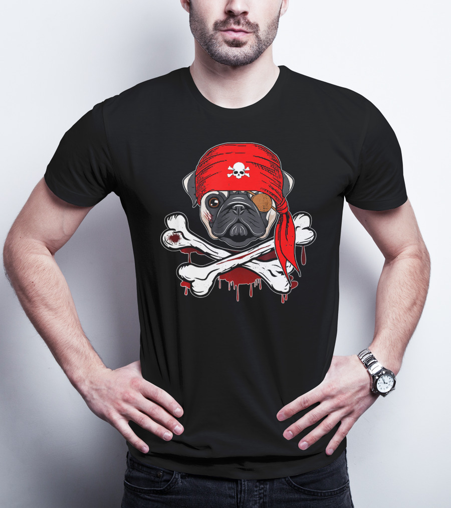 Funny Pirate Pug Dog With Skull Bandana And Crossbones T-Shirt