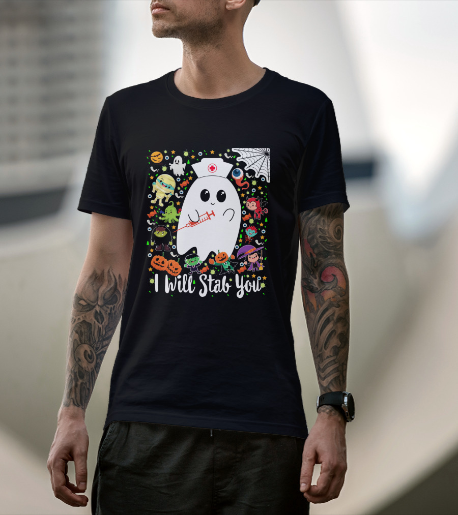 I Will Stab You Funny Halloween Ghost Nurse With Syringe Surrounded By Monsters Pumpkins And Web T-Shirt