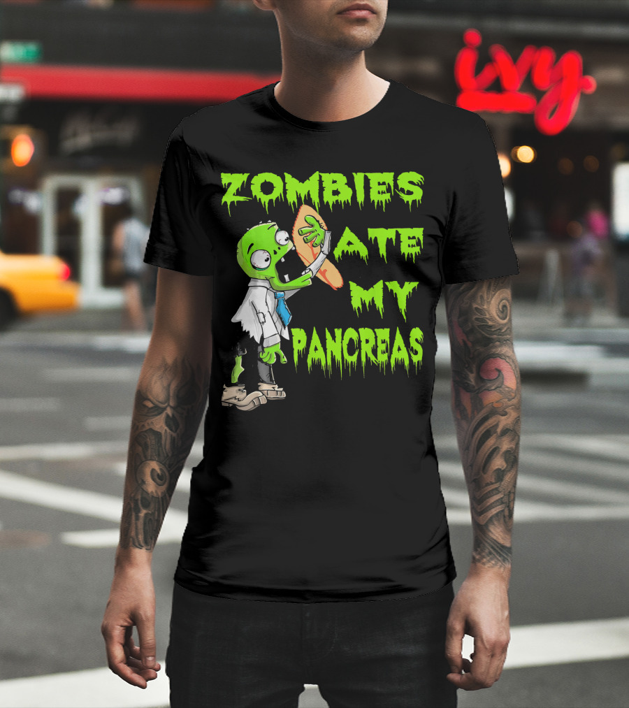Zombies Ate My Pancreas Diabetes Awareness Cartoon Zombie Holding Organ T-Shirt
