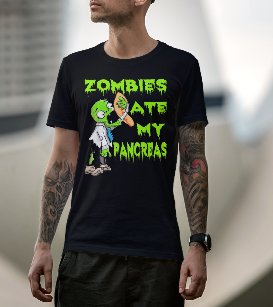 Zombies Ate My Pancreas Diabetes Awareness Cartoon Zombie Holding Organ T-Shirt