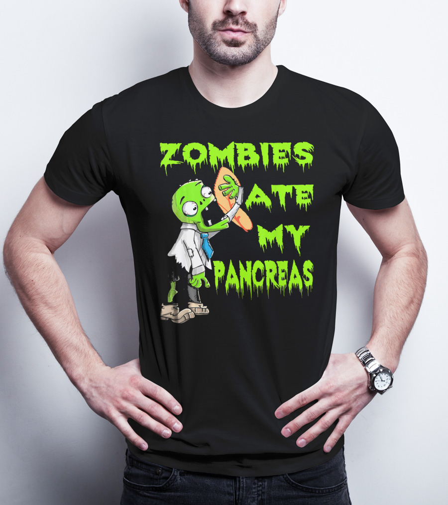 Zombies Ate My Pancreas Diabetes Awareness Cartoon Zombie Holding Organ T-Shirt