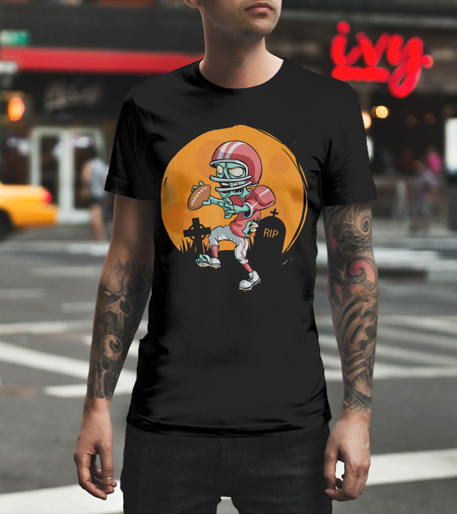 Zombie Football Player Halloween Graveyard Scene T-Shirt