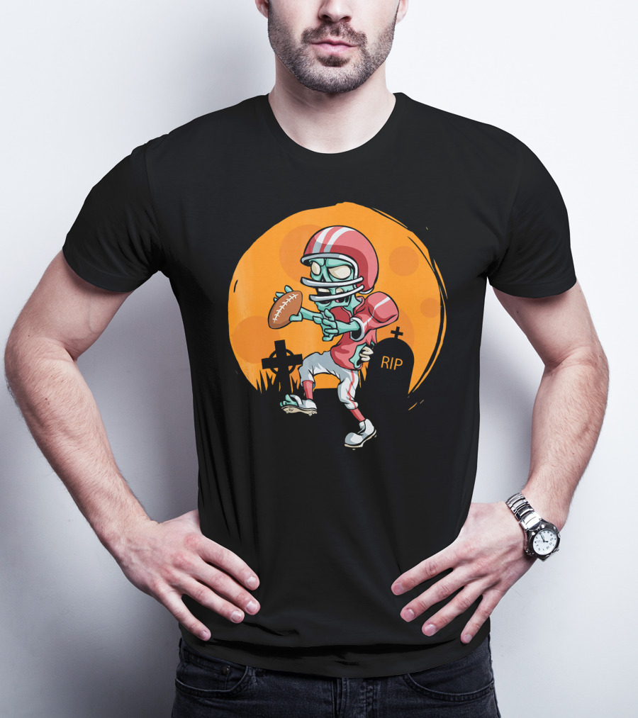 Zombie Football Player Halloween Graveyard Scene T-Shirt