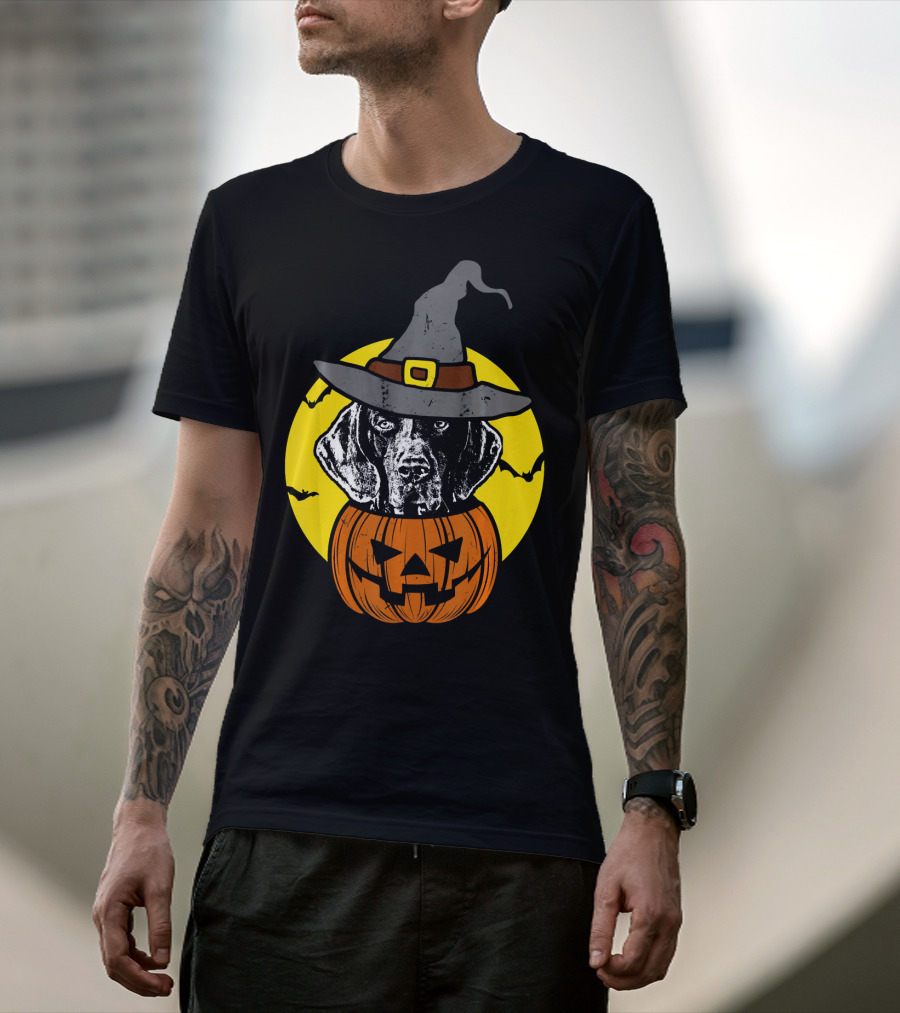 German Shorthaired Pointer Witch Hat Pumpkin Halloween Moon T-Shirt