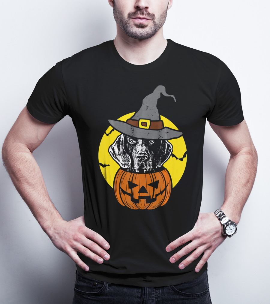 German Shorthaired Pointer Witch Hat Pumpkin Halloween Moon T-Shirt