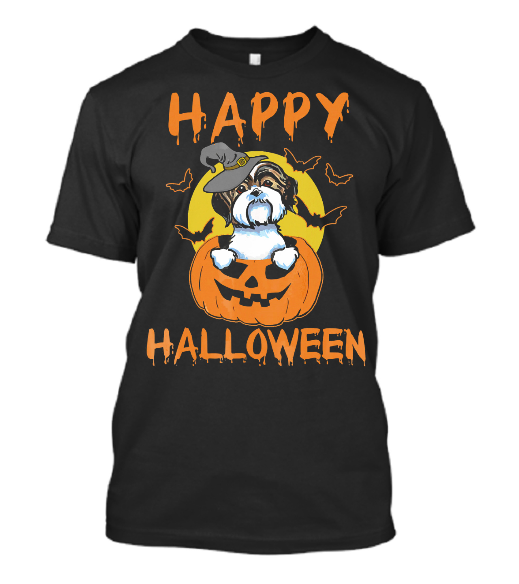 Happy Halloween Shih Tzu Pumpkin With Witch Hat And Bats T-Shirt