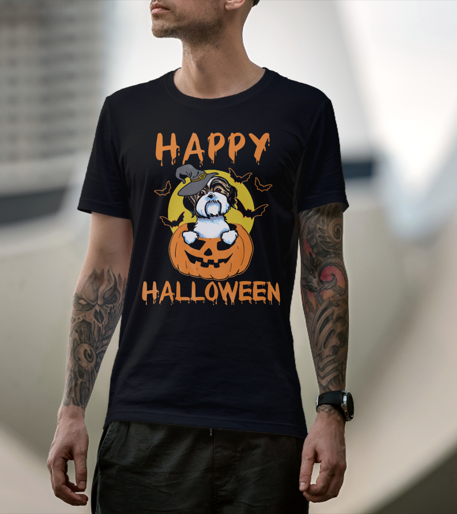 Happy Halloween Shih Tzu Pumpkin With Witch Hat And Bats T-Shirt