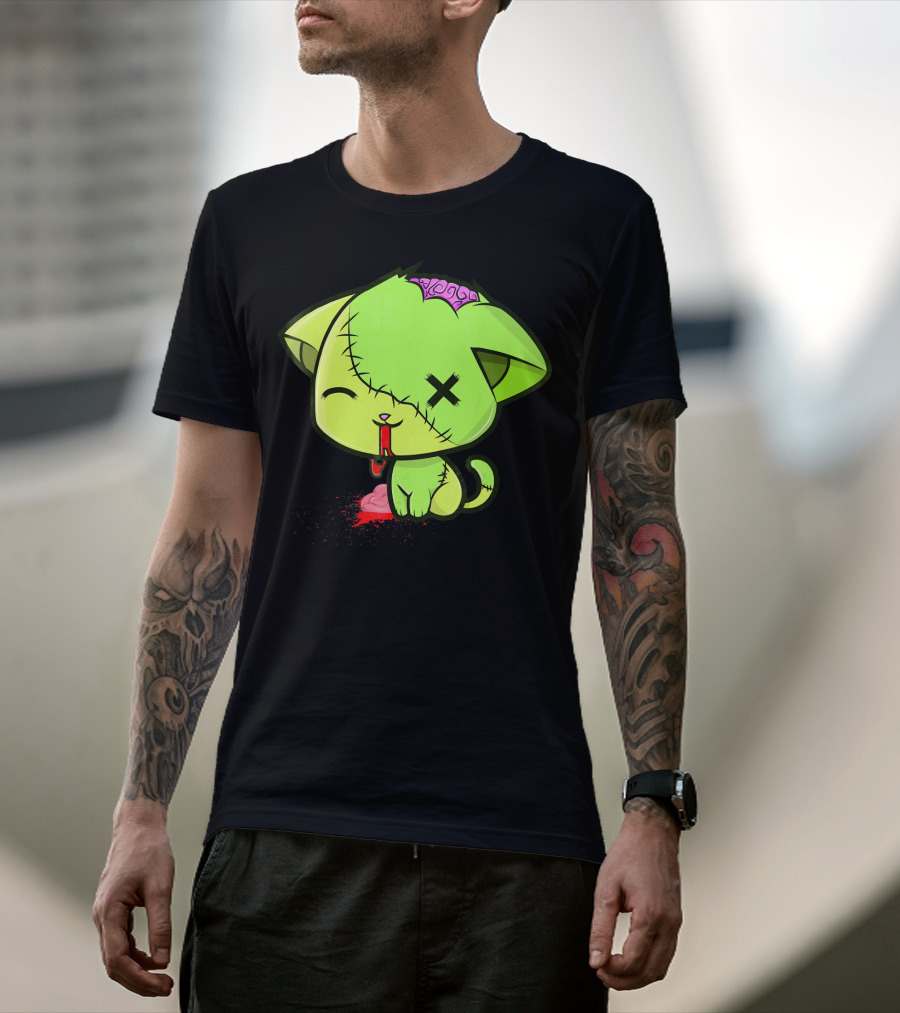 Cute Zombkitty Green Zombie Kitten Neon Brain T-Shirt