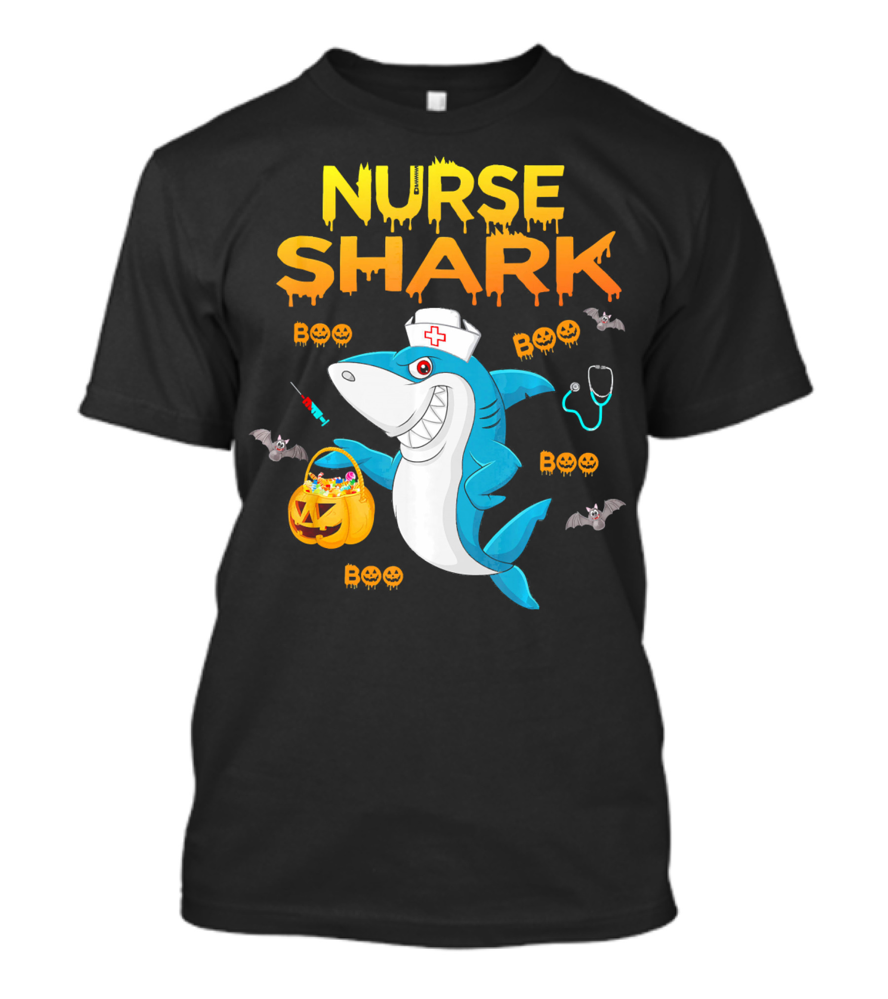 Nurse Shark Halloween Boo Pumpkin Bats Stethoscope T-Shirt