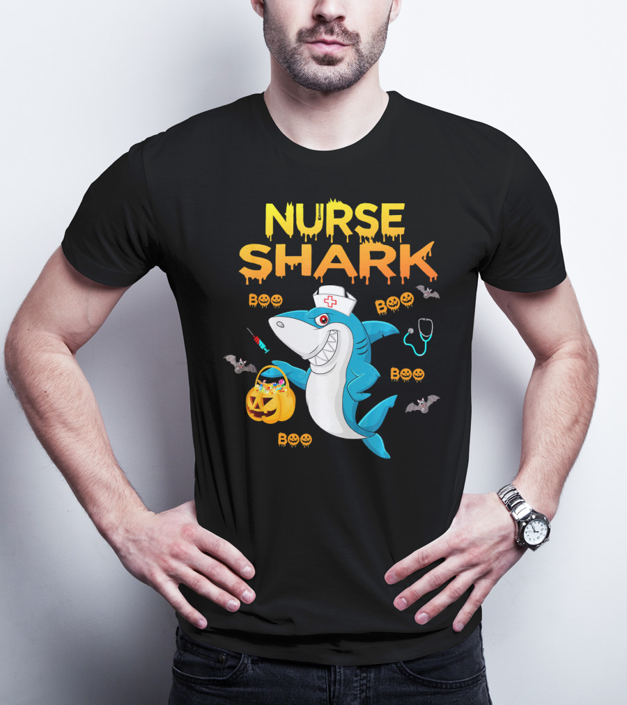 Nurse Shark Halloween Boo Pumpkin Bats Stethoscope T-Shirt