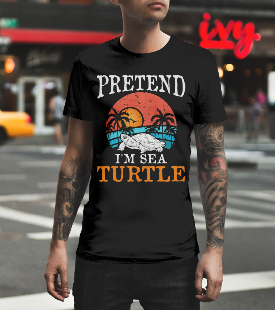PRETEND I'M SEA TURTLE Tropical Sunset Beach Palm Trees T-Shirt