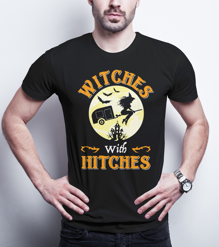 Witches With Hitches Halloween Camper Moon Bats And Witch Hat Broomstick T-Shirt