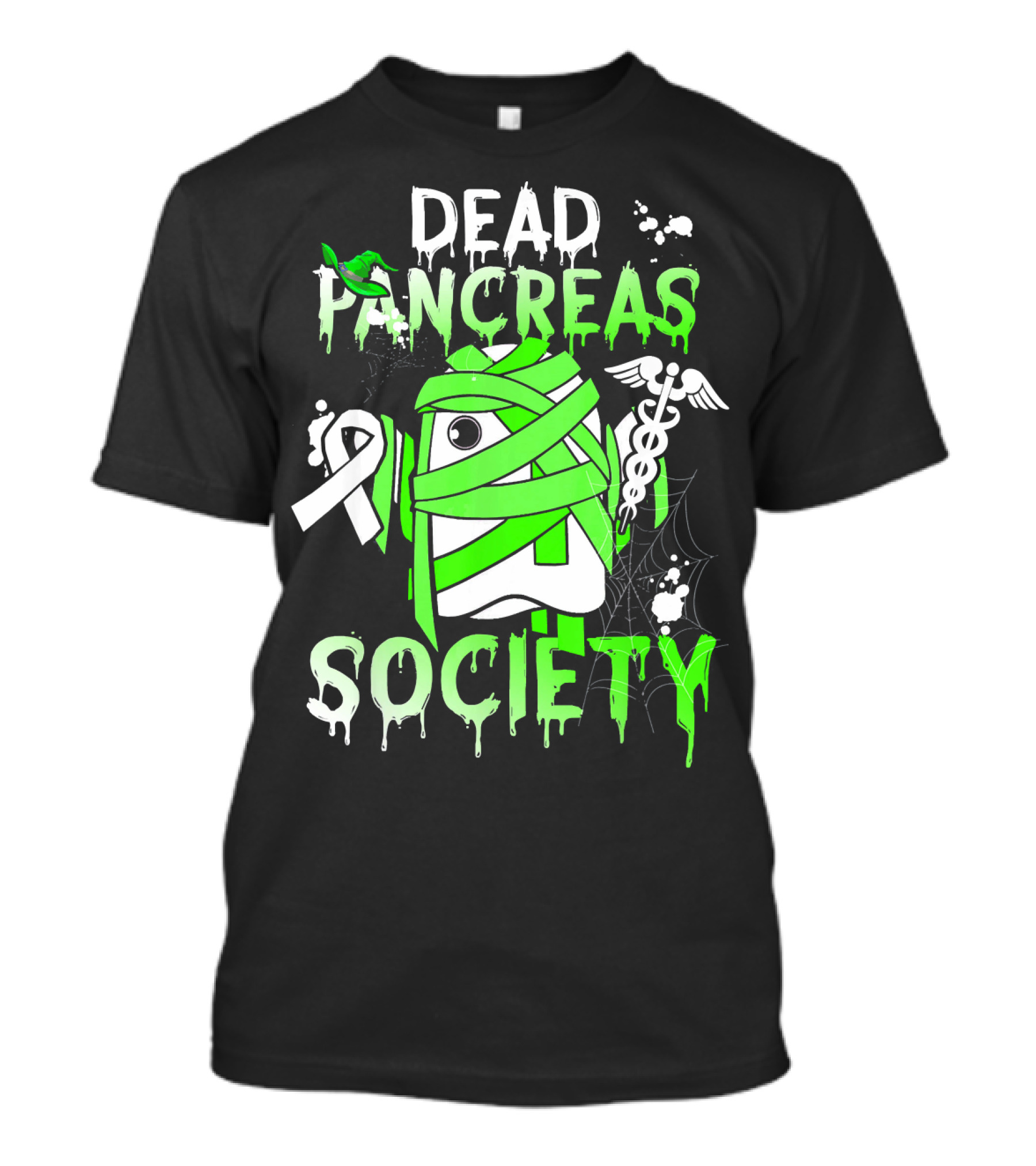 Dead Pancreas Society Halloween Ghost Design With Green Mummy And Medical Symbols T-Shirt